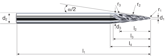 Circular arc milling cutter ArCutX - 8536220 - ø4/12x97 r2/350/1 z4 α/2 ...